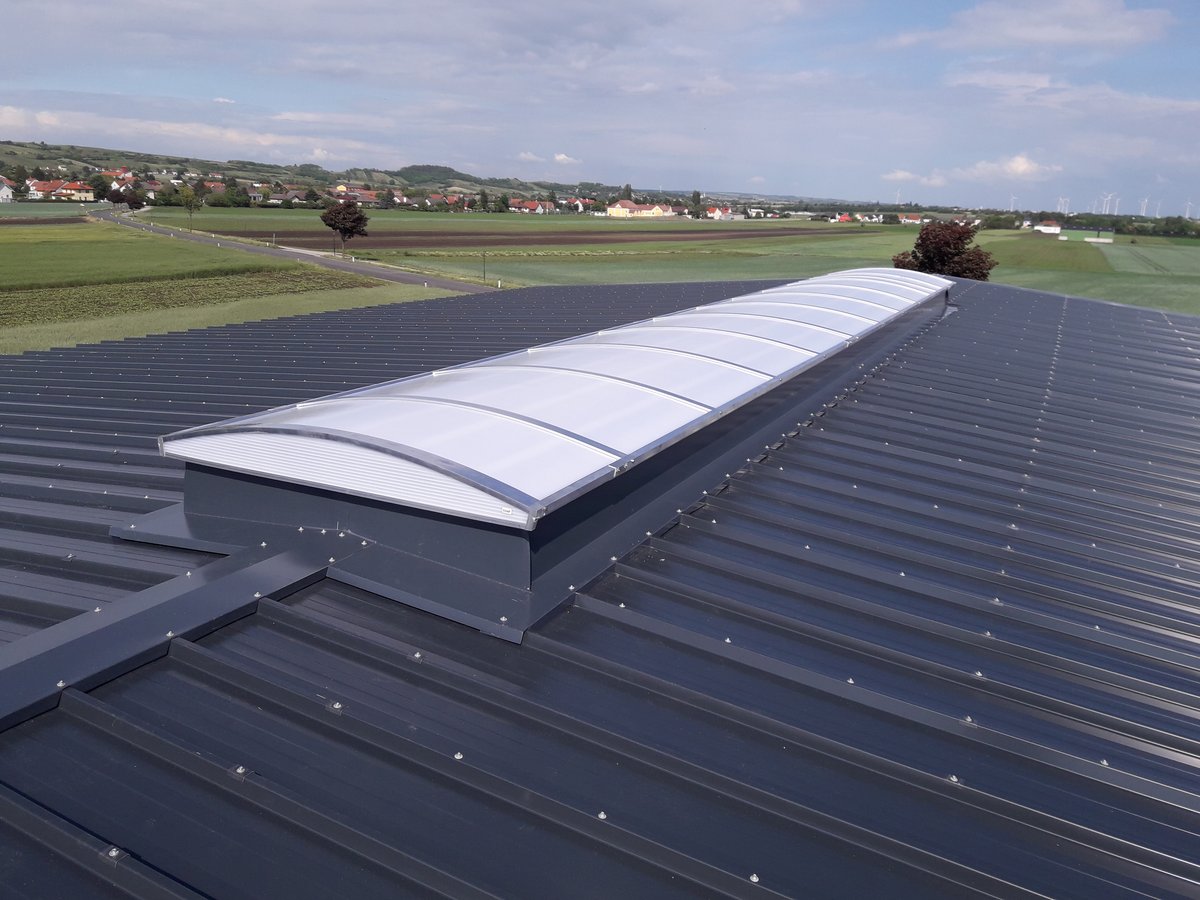 Dachdeckung mit Isolierung in Form von Dachpaneele / Hallenbau Baumhauer